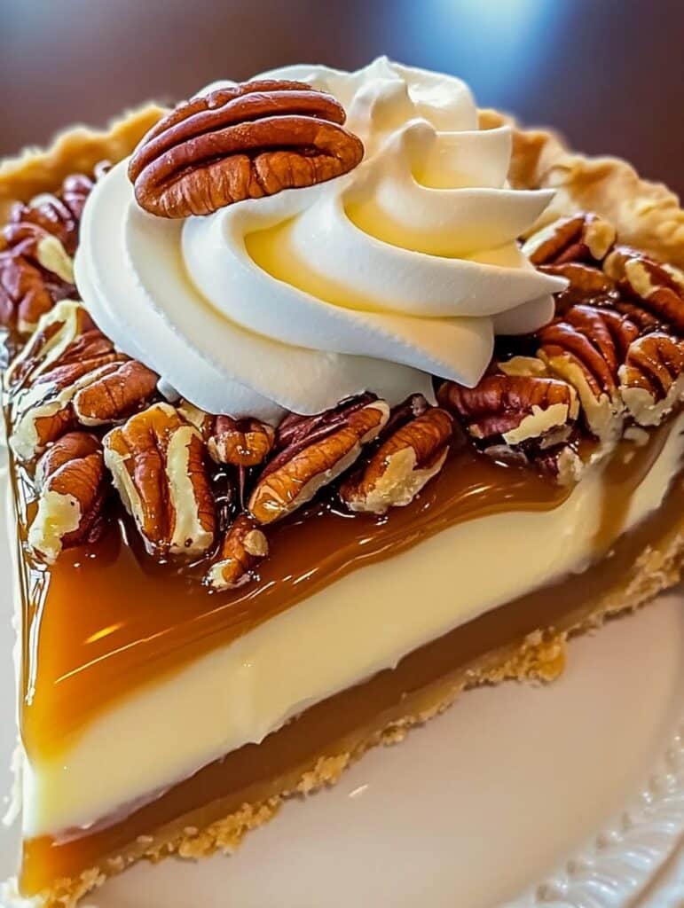 Caramel Pecan Delight Pie with Whipped Cream Topping - Easy sweet meal