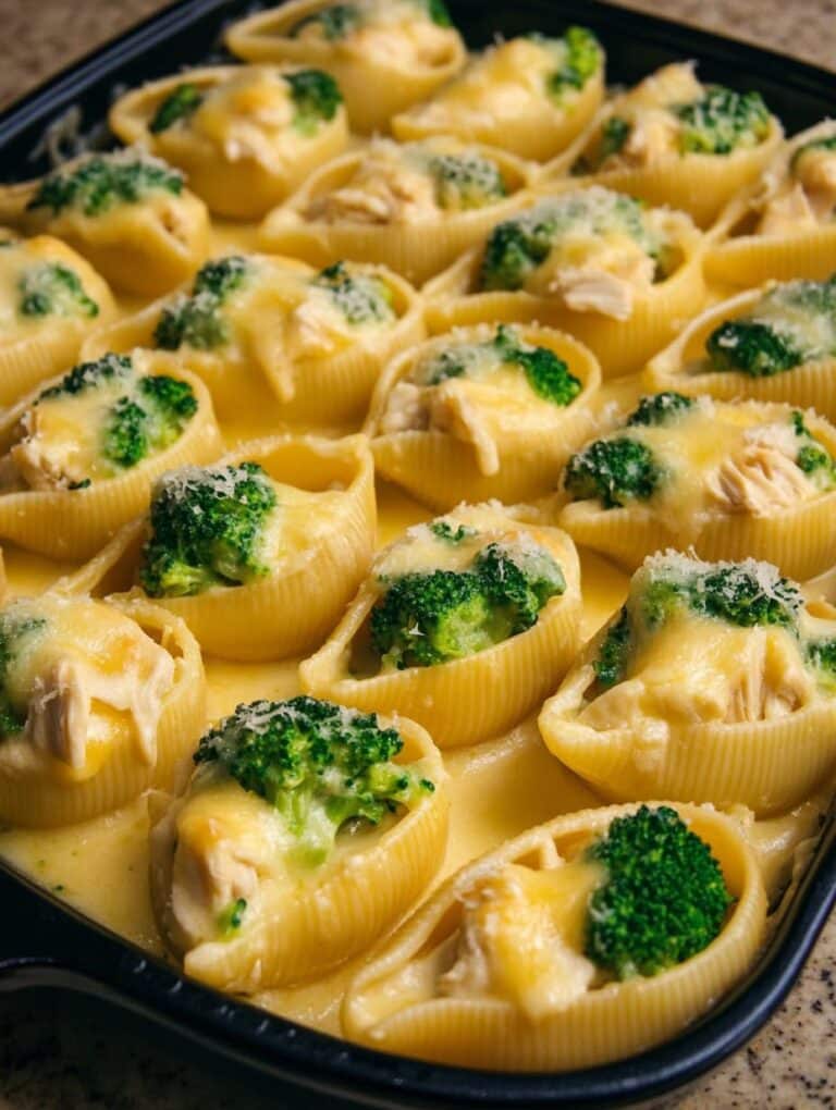 Cheesy Chicken & Broccoli Stuffed Shells - Easy sweet meal