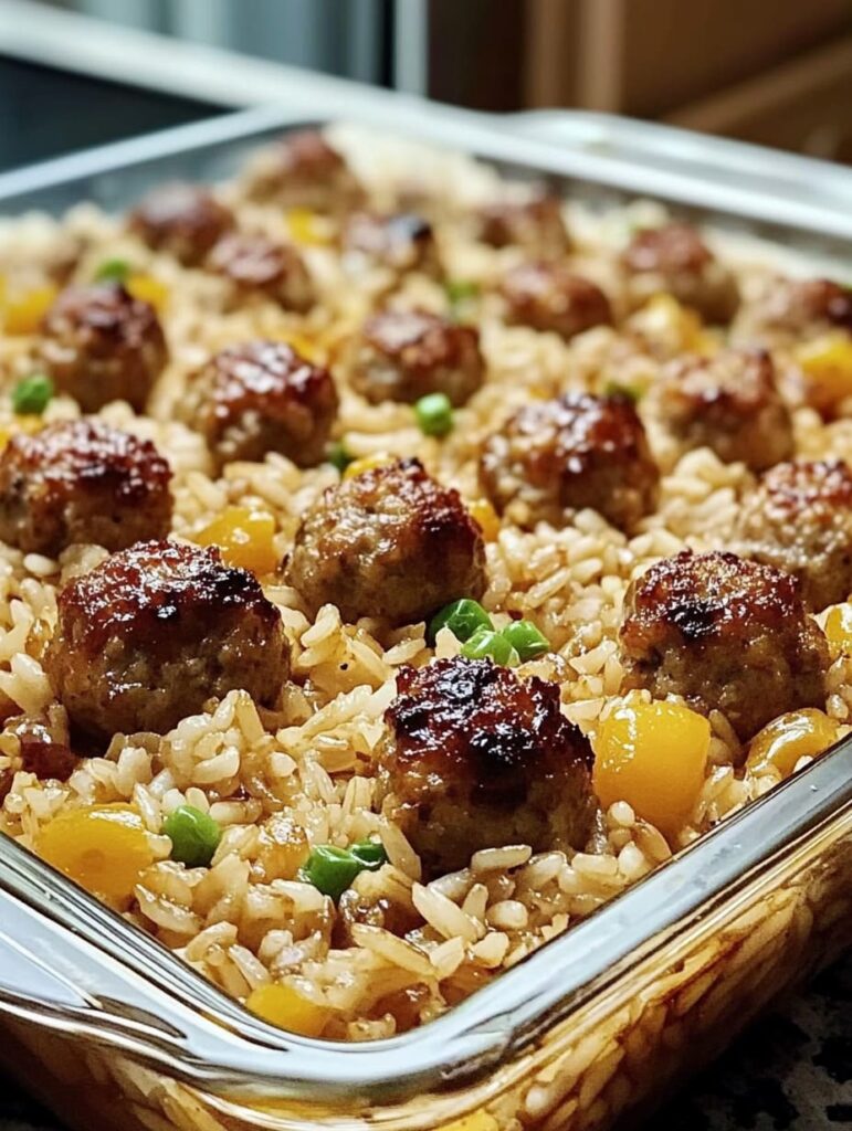 Honey Garlic Meatball Rice Bake - Easy sweet meal